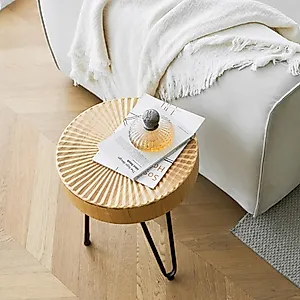 Wood Round Side Table: 15.7" Modern End Table Nightstand with Natural Wood Finish, Metal Frame Legs, Small Bedside Table for Living Room, Bedroom, Farmhouse, Small Spaces (Radial)