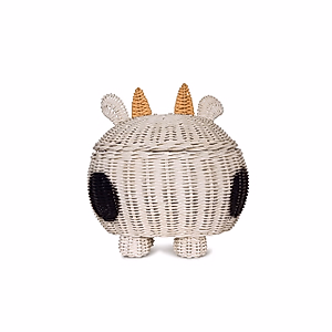 G6 COLLECTION Cow Rattan Storage Basket With Lid Decorative Bin Home Decor Hand Woven Shelf Organizer Cute Handmade Handcrafted Nursery Gift Animal Decoration Artwork Wicker Cow