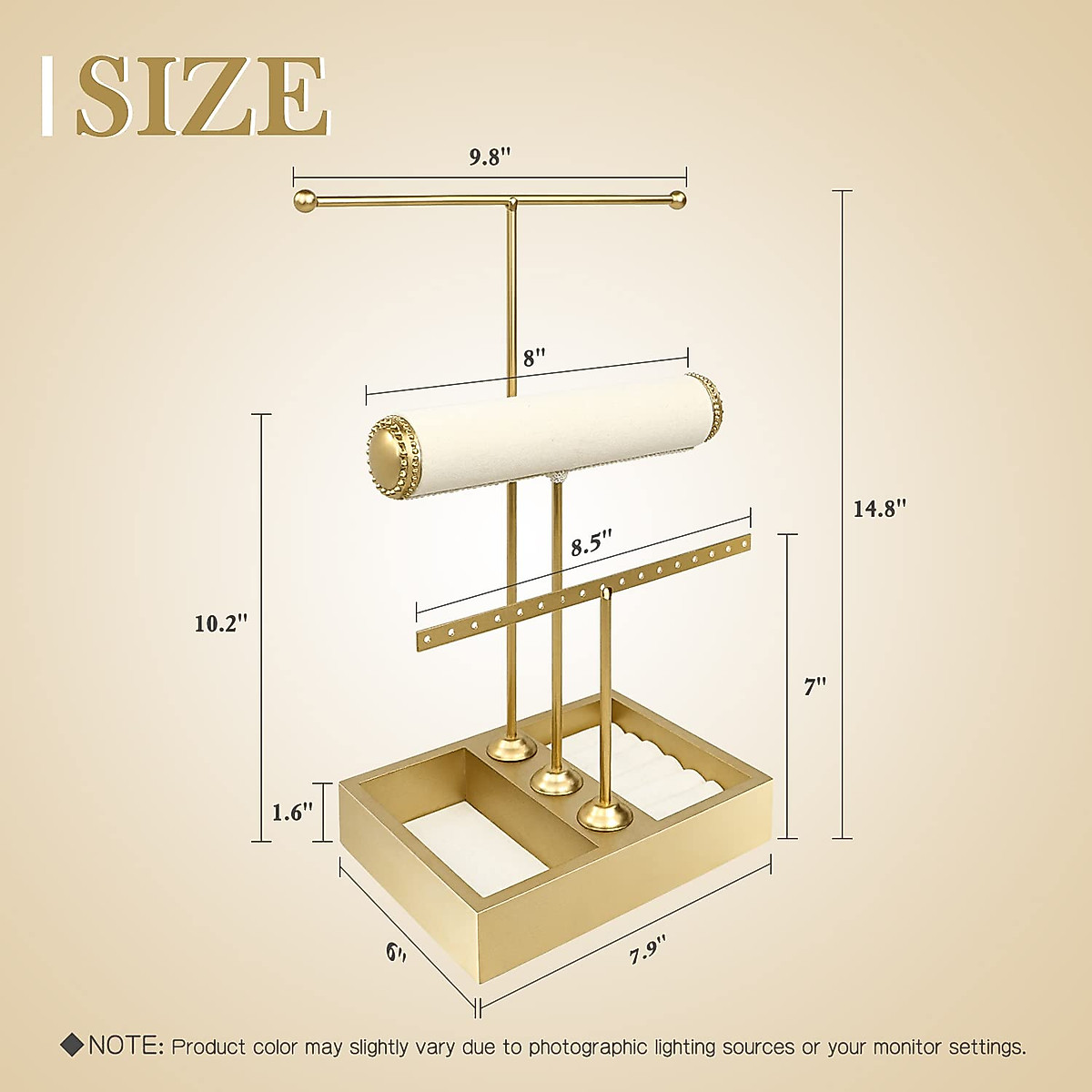 Funlove Jewelry Organizer Stand 3-in-1 Holder for Necklaces Bracelet Earrings & Ring, Tree Jewelry Tower Metal & Wood-Gold