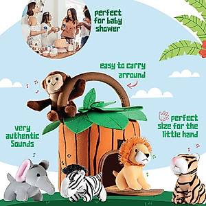 Play22 6-Piece Plush Talking Jungle Animals Set with Carrier for Kids, Babies & Toddlers - Elephant, Tiger, Lion, Zebra, Monkey