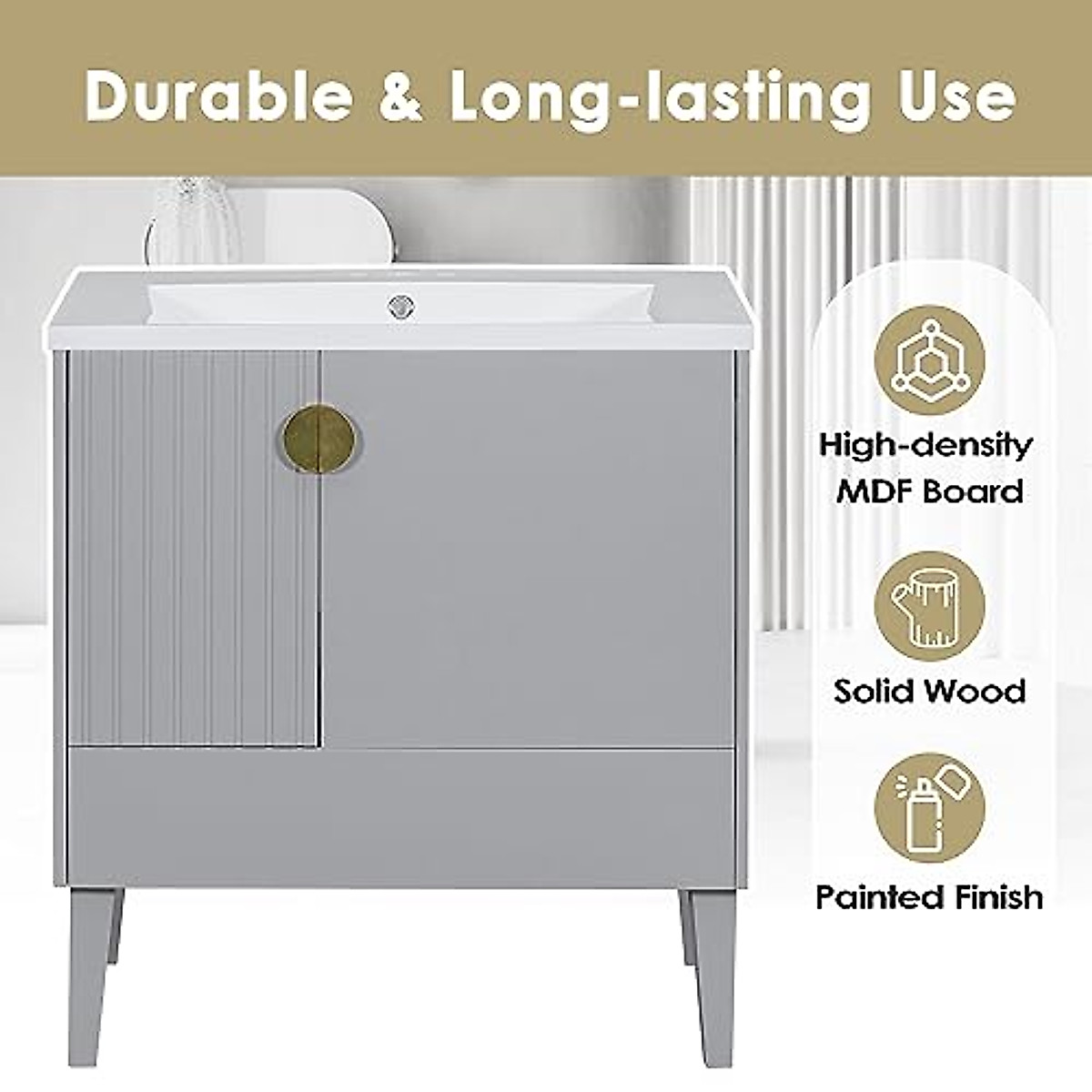 QuixotYDDZ 30 Inch Bathroom Vanity, Bathroom Vanity Cabinet and Ceramic Sink Combo, Freestanding Bathroom Storage Cabinet with Pull-Out Drawers, Solid Wood Frame, Soft Closing Doors, Grey