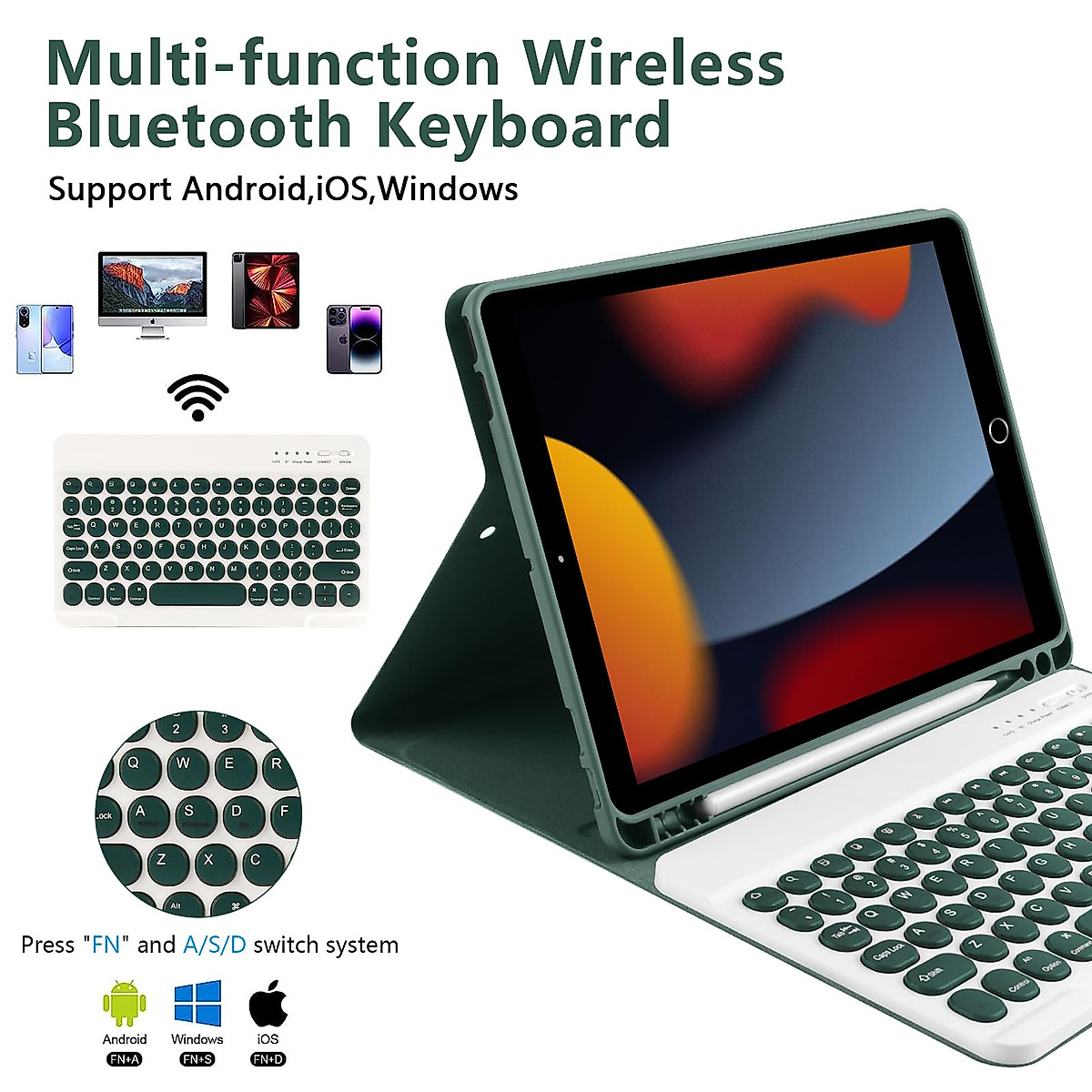 Keyboard Case for iPad 9th/8th/7th Generation Case with Keyboard 10.2inch 2021/2020/2019, BT Wireless Keyboard Case for iPad Air 10.5 3rd Gen, Slim Leather with Pencil Holder for iPad Pro Dark Green