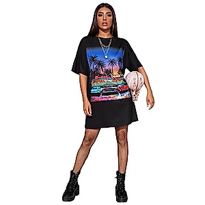 SOLY HUX Women's Casual Graphic Print Short Sleeve Loose T Shirt Dress Black L