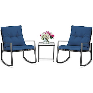 SUNCROWN 3-Piece Outdoor Rocking Chairs Patio Bistro Set Patio Black Wicker Chairs with Glass Coffee Table, Dark Blue Cushion