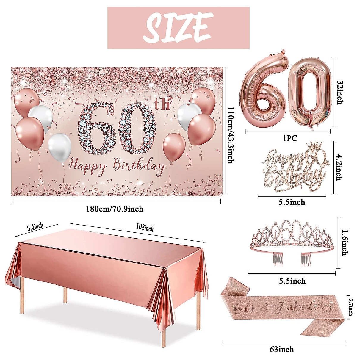Trgowaul 60th Birthday Decorations Party Set for Women, Rose Gold 60 Birthday Banner and Tablecloth, 60 & Fabulous Sash and Tiara, 1PC Happy 60th Birthday Cake Topper, Pink Gold 60 Number Balloons
