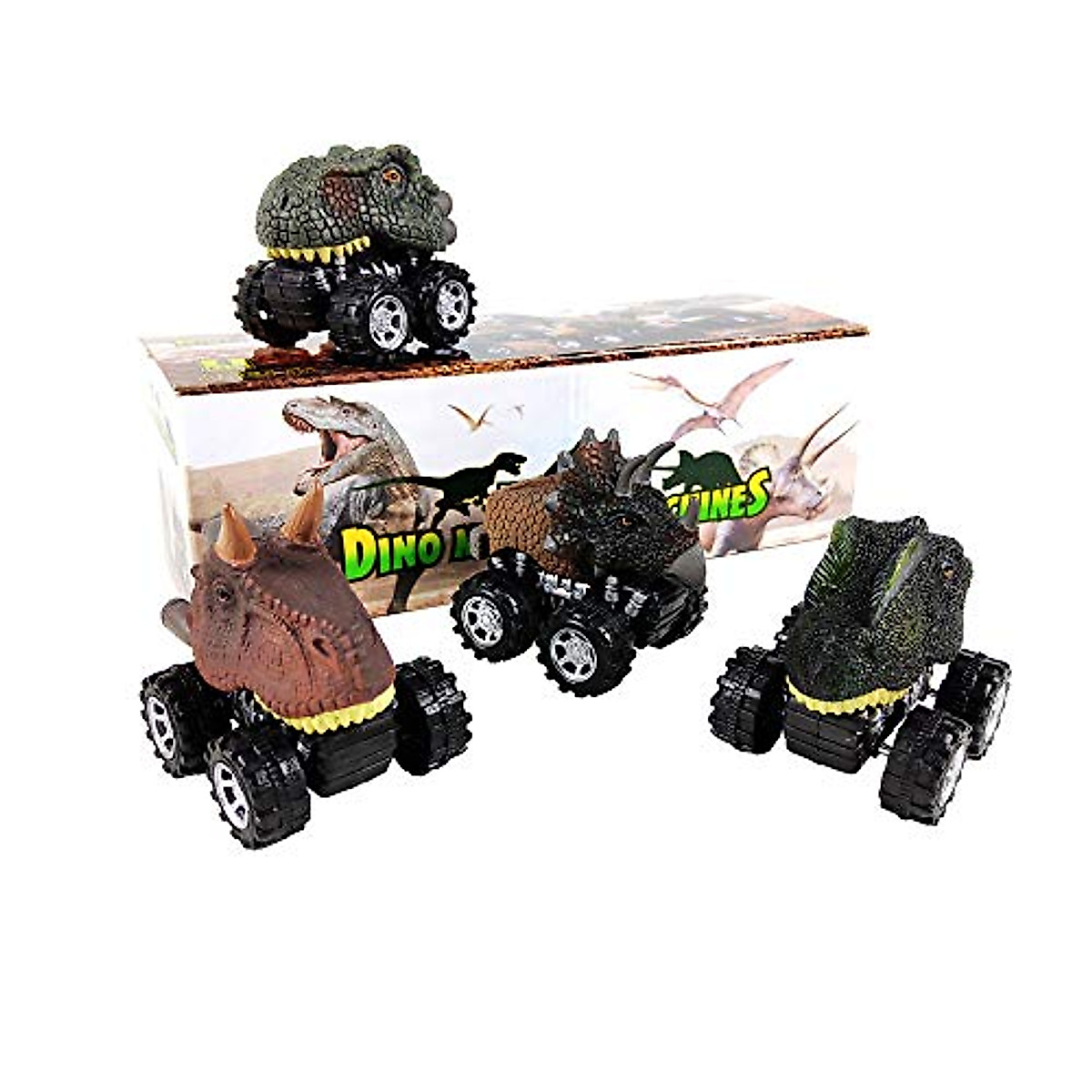 DINOBROS Pull Back Dinosaur Car Toys 4 Pack Dino Toys for 3 Year Old Boys and Toddlers T-Rex Dinosaur Games Monster Trucks
