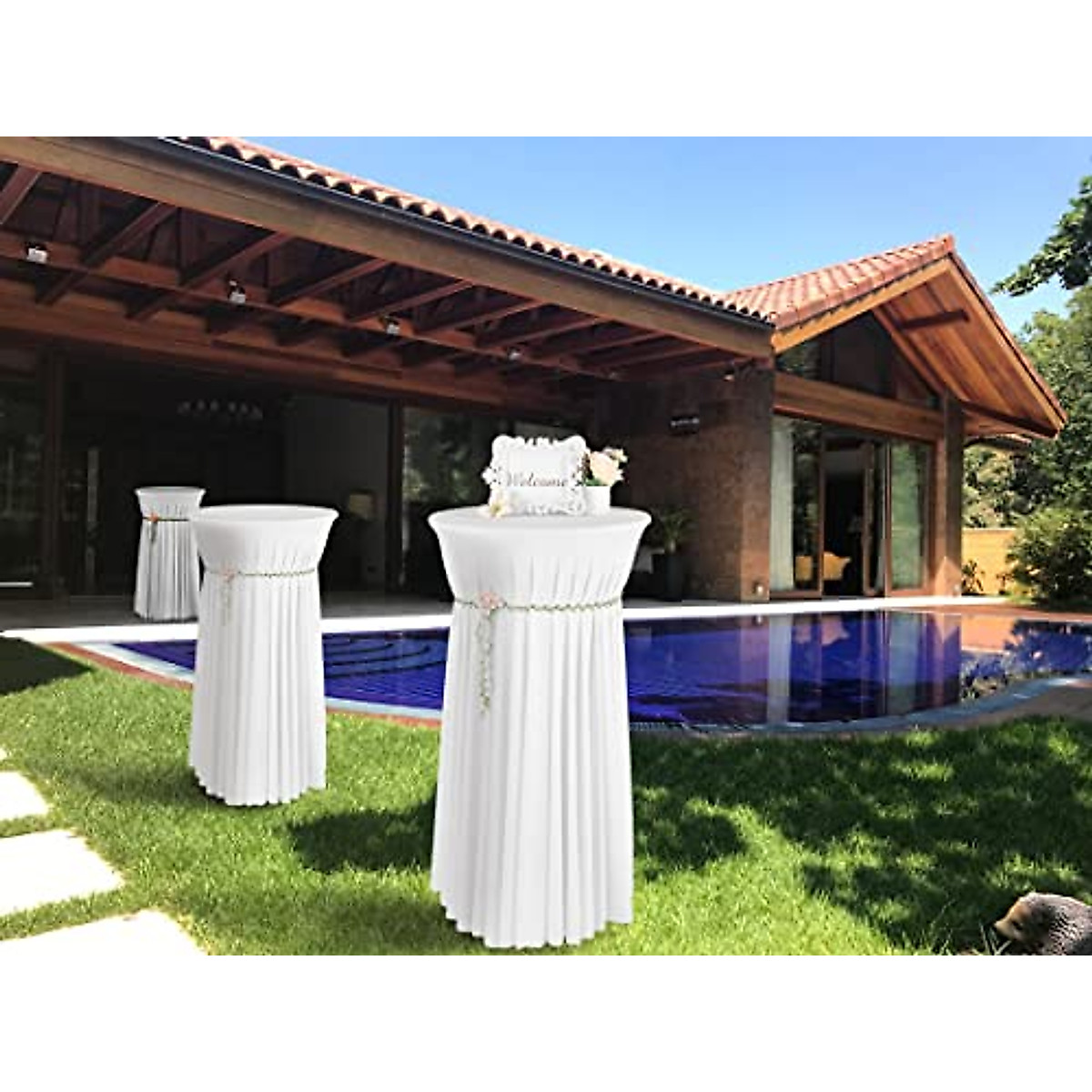 Round cocktail table skirt, white table cloth for highboy table, round tablecloth, spandex fitted table covers for 24 in tables, small corner table cover for high top party or wedding table