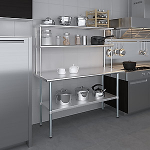 Stainless Work Table with Wide Double Tier Overshelf | Metal Kitchen Prep Table & Shelving Combo
