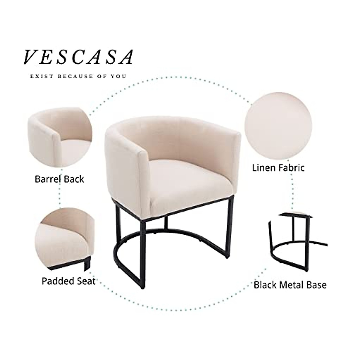 VESCASA Linen Upholstered Dining Chairs with Barrel Back, Mid Century Modern Padded Restaurant Chairs with Black Metal Frame for Kitchen, Dining Room, Set of 6, Cream