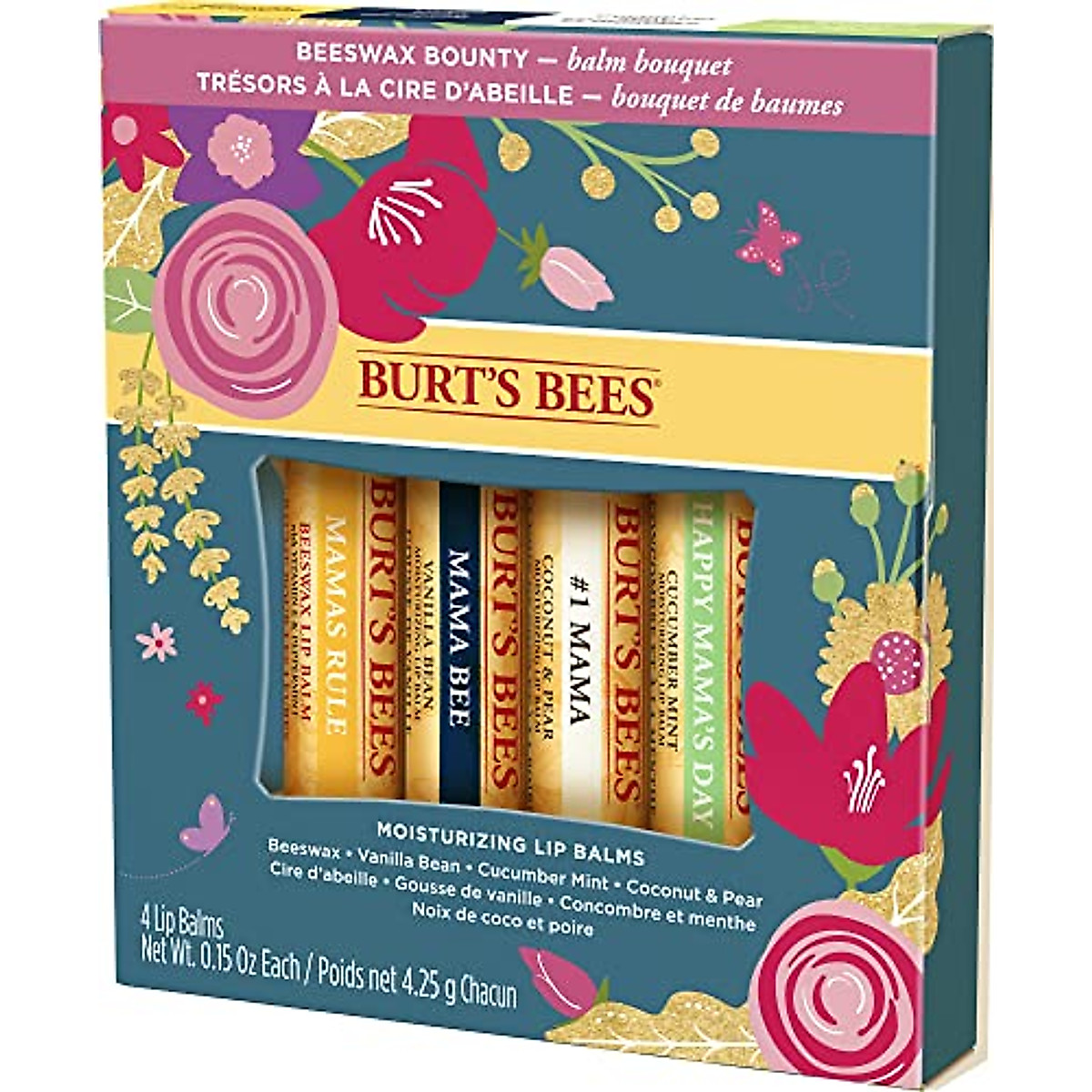 Burt's Bees Gifts, 4 Lip Balm Products, Balm Bouquet Spring Set - Classic Beeswax, Vanilla Bean, Cucumber Mint & Coconut Pear (4 Pack)