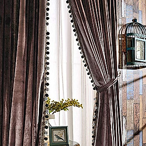 Melodieux Set of 2 Pom Pom Velvet Blackout Lined Thermal Insulated Rod Pocket Curtains for Bedroom, 52x84 Inch, Dusty Pink (1 Pair)