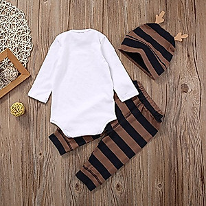 Autumn Winter Newborn Baby Boys Girls Tops Moose Romper Pants Hat Outfits Set Cute Clothes 3Pcs (0-6 Months, White+Brown)
