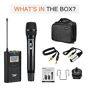 Comica CVM-WM100H Wireless Handheld Microphone with UHF 48 Channels, 328 ft Wireless Range,Real time Monitor, LCD Display, Wireless Microphone for Camera, Camcorder, iPhone, Samsung and More