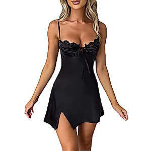 Wedcur Women Spaghetti Strap Mini Dress Nightwear Lace Satin Cut Out Side Slit Ruffle Sexy Party Short Dresses (Black, S)