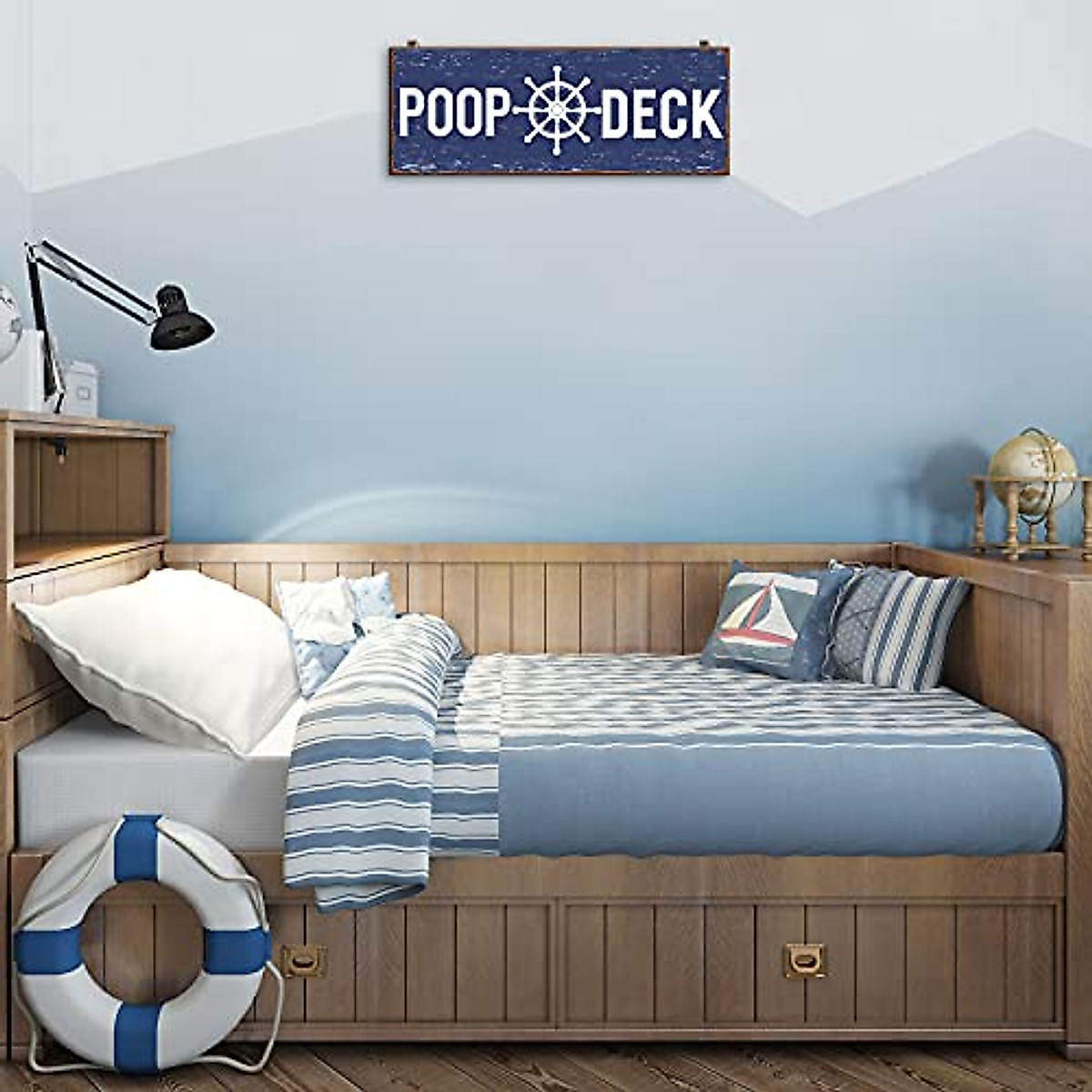 POOP DECK Sign Nautical Nursery Wall Decor Rustic Beach Bathroom Wood Sign Nautical Boat Decor Ocean Coastal Theme Decorations for Home Hanging Wood Sign for Ocean Bathroom and Nursery 15.7 x 5.9 Inch