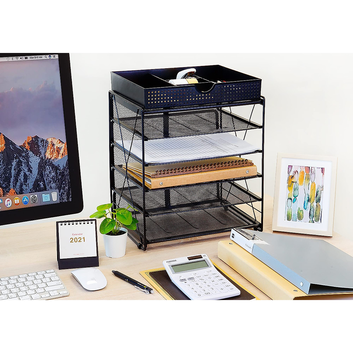 CAXXA 5 Tier Mesh Letter Tray, Desk File Organizer, Desktop Paper Tray Holder with Drawer, Black
