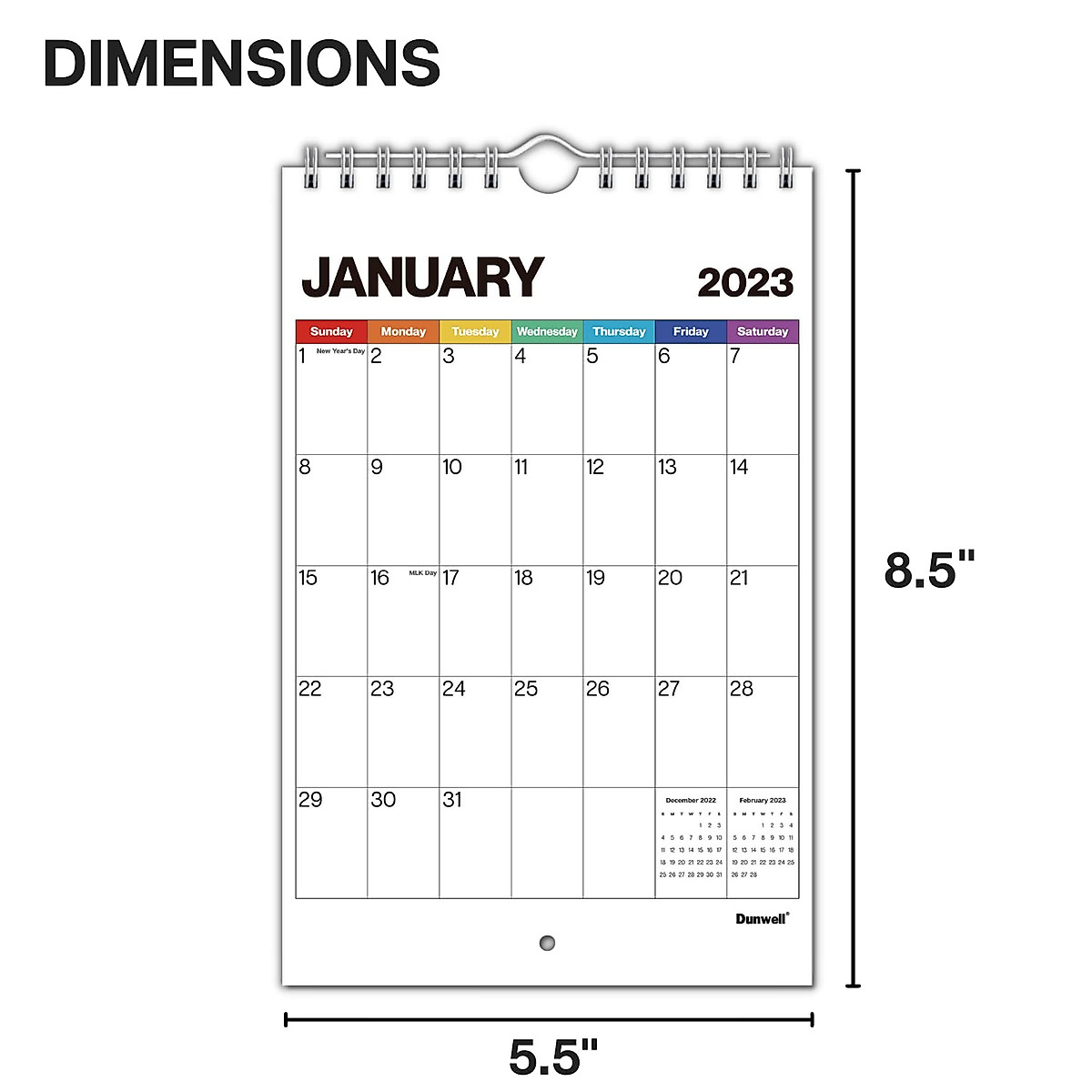 Dunwell Mini Wall Calendar 2023 - (5.5x8.5, Colorful), Use to Dec 2023, Small Notepad Calendar, Little Calendar for Locker, Bulletin Board, Wall, or Desk