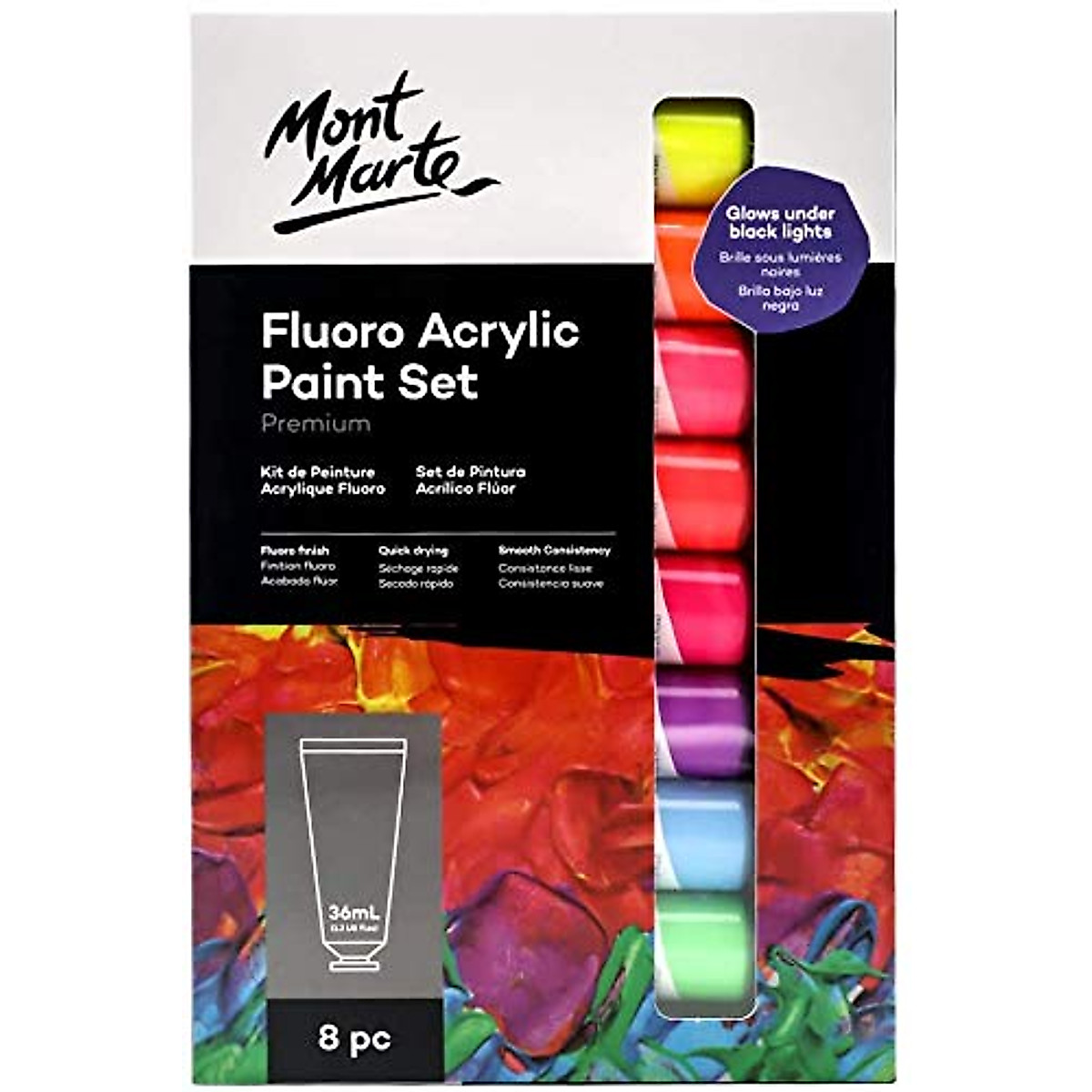 Mont Marte Fluoro Acrylic Paint Set, 8 x 1.02oz (36ml) Tubes, 8 Colors, Suitable for Most Surfaces Including Canvas, Card, Paper and Wood