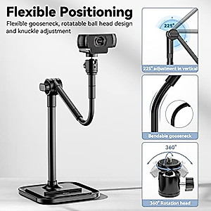 Webcam Stand with Phone Holder, 2 in 1 Adjustable Flexible Gooseneck Camera Mount Desktop Stand with Cell Phone Clamp for Logitech C922 C930e C920S C920 C615, Brio 4K, Gopro Hero and Other Devices