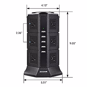 DEWENWILS16FT Power Strip Tower, 12-Outlet Surge Protector Power Strip with 5-USB Ports, 2-Switch Control, 15A Circuit Breaker, 1500Joules, Flat Plug Charging Station for Home, Office, ETL Listed