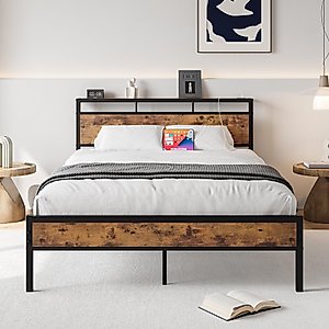 ZGEHCO Full Size Bed Frame with Headboard Storage,Wood Bed Frame with Charging Station,Platform Bed Frame Full Mattress Foundation No Box Spring Needed,Heavy Duty Steel Slat,Black&Brown Oak