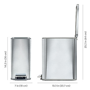 Glad Slim Bathroom Trash Can - Small Garbage Pail with Soft Close Lid & Step Foot Pedal | Narrow Brushed Nickel Waste Basket with Removable Inner Bucket, 2.6 Gallon