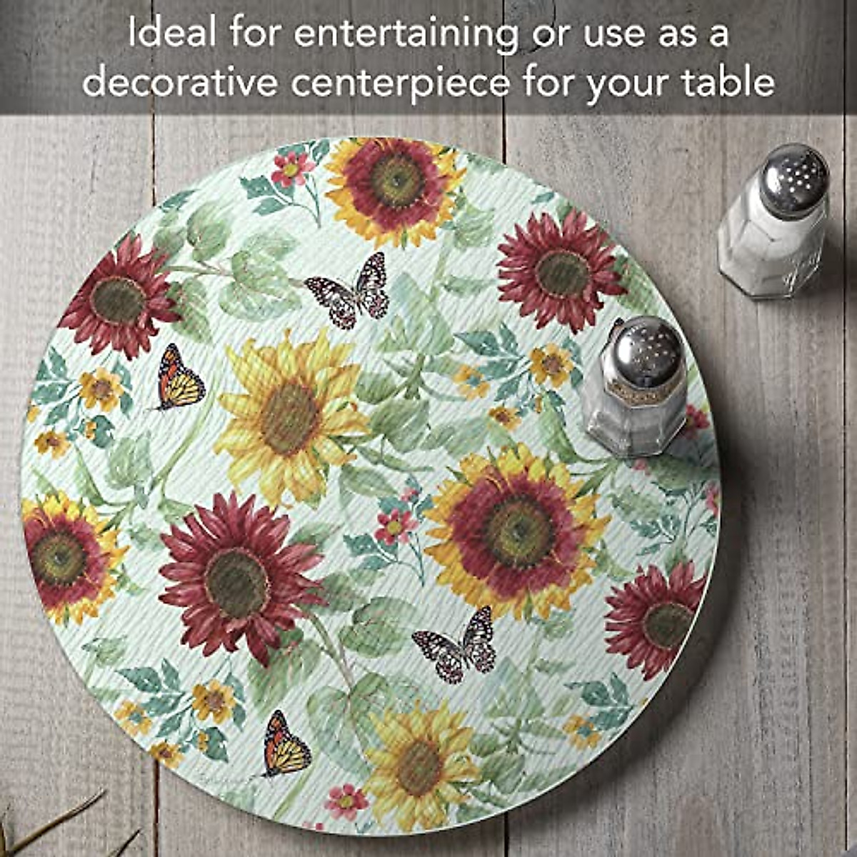 CounterArt Sunflower Splendor 4mm Heat Tolerant Tempered Glass Lazy Susan Turntable 13" Diameter Cake Plate Condiment Caddy Pizza Server