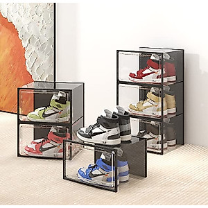 SEE SPRING 6 Pack Shoe Storage Box, Clear Plastic Stackable Shoe Organizer for Closet, X-Large Shoe Containers Bins Holders for Display Sneaker Fit up to Size 14 (Black)