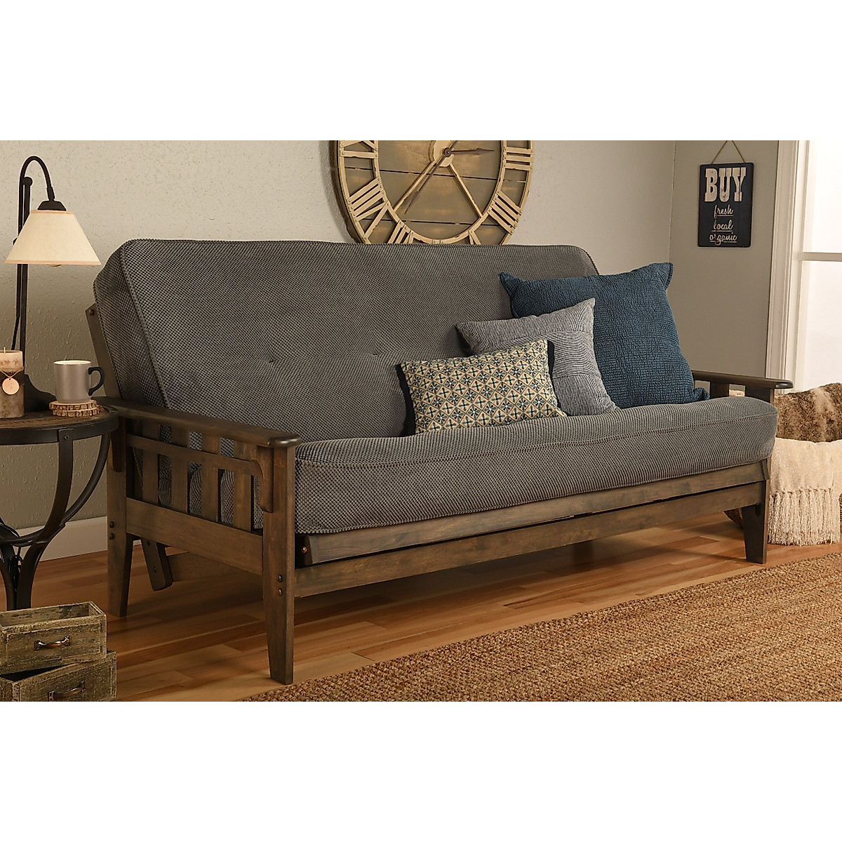Jerry Sales Tucson Rustic Walnut Frame and Mattress Set with Choice to add Drawers, 8 Inch Innerspring Futon Sofa Bed Full Size Wood (Marmont Thunder Matt and Frame (No Drawers))