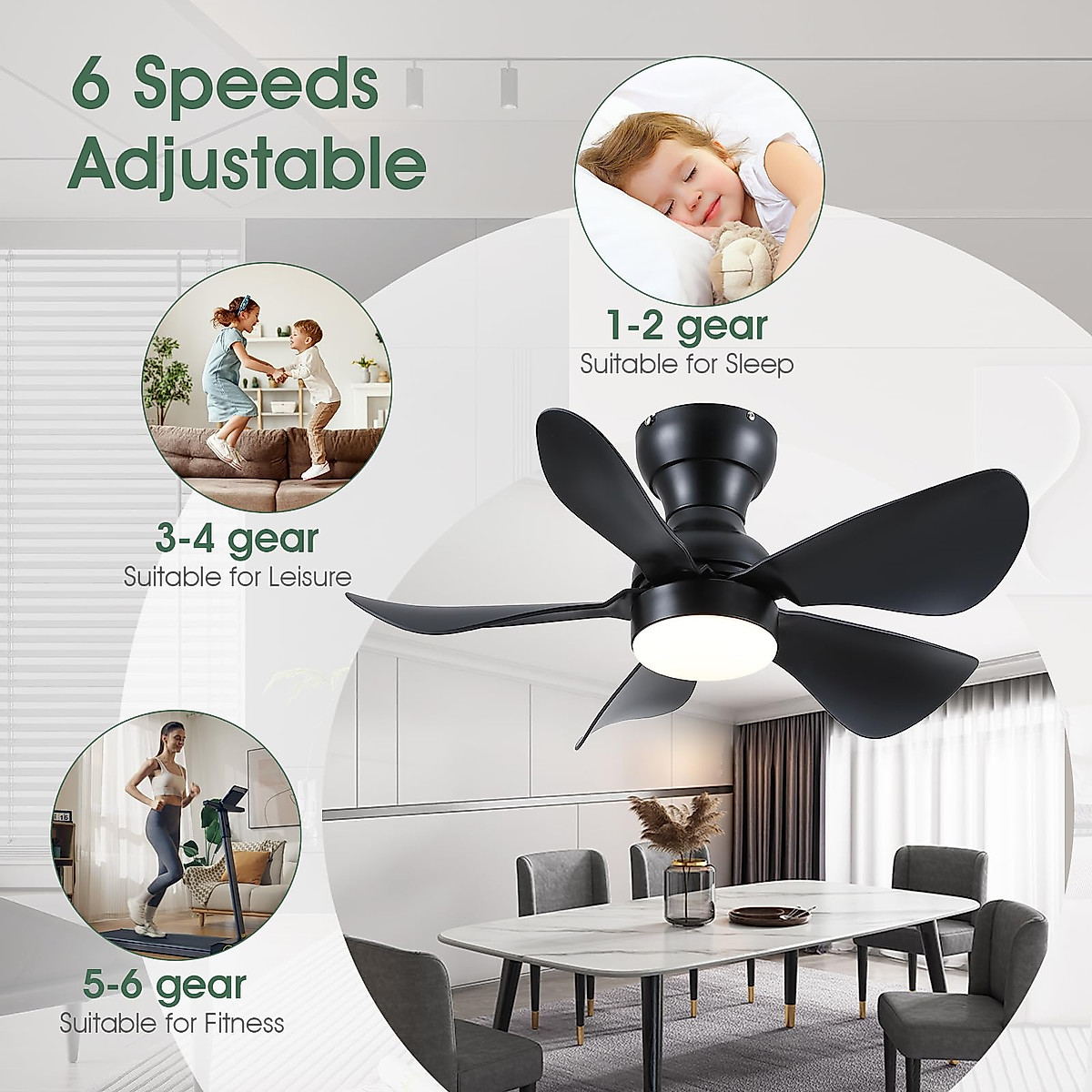 Kviflon Ceiling Fans with Lights and Remote/APP Control, 30 inch Low Profile Ceiling Fans with 5 Reversible Blades 3 Colors Dimmable 6 Speeds Ceiling Fan for Bedroom Kids Room Dining Room, Black