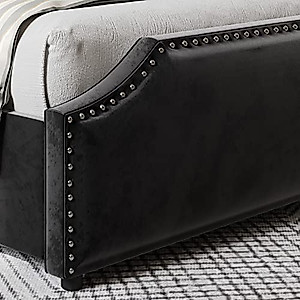 AMERLIFE Queen Size Bed Frame with 4 Storage Drawers and Headboard, Queen Velvet Upholstered Platform Bed with Rivet Curved Adjustable Headboard/Strong Wooden Slats/Easy Assembly/Black, (1060200023)