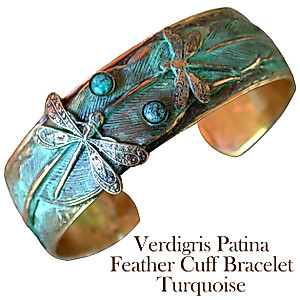 Elaine Coyne Collectible Artwear-Dragonfly Bracelet for Women, Verdigris Patina Brass Cuff Bracelet, Dragonflies on Feather Cuff, Handmade Bracelets, Wide Cuff with Turquoise Stone Bracelet - USA Made