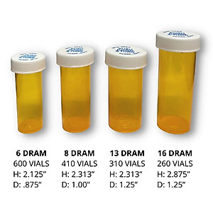 13 Dram Amber Prescription Medicine Vials with Caps - Child Resistant - 310/case