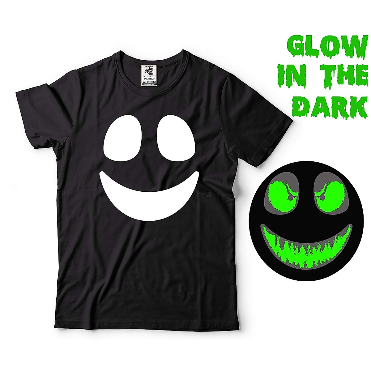 Glow in The Dark Halloween Smile Evil Face Costume Tee Shirt Party Shirts Large Black