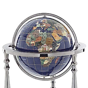 KALIFANO Large Gemstone Globe with Vibrant Polished Lapis Ocean and Mosaic Gem Continents on 37" Ambassador Antique Silver 3 Leg High Stand - World Globe with Floor Stand Office Decor