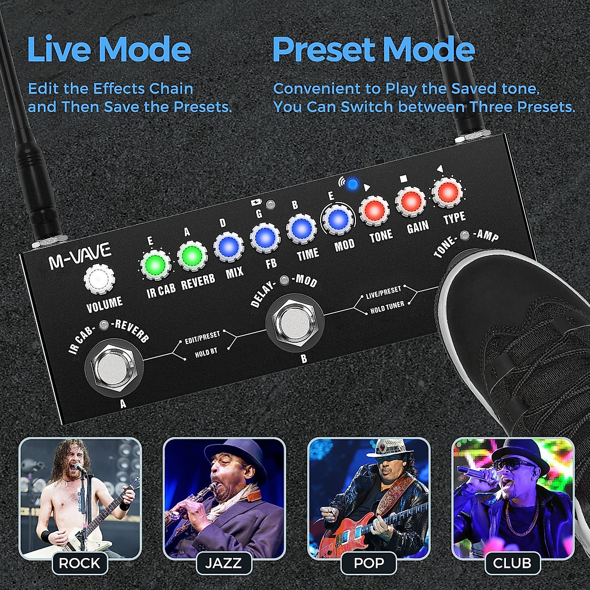 Multi Effects Guitar Pedal with Chorus Delay Reverb Distortion Overdrive, Bluetooth, Built-in Battery, designed for Electric Guitar.