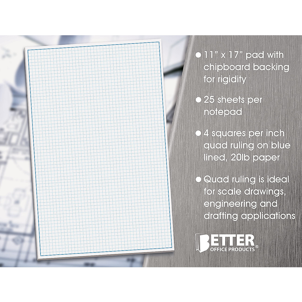 Graph Paper Pad, 17" x 11", 25 Sheets, Blue Line Border, Blueprint Paper, Double Sided, White, 4x4 Blue Quad Rule, Easy Tear Sheets, Grid Paper, Graph Paper by Better Office Products