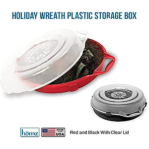 HOMZ Set of 3 Holiday Wreath Plastic Storage Containers, Holds Up to 24” Diameter, Secure Latching Lid and Easy Grip Handle, Stackable and Nestable, Red/Clear
