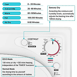 COSTWAY Portable Dryer, Stainless Steel Clothes Dryer with Touch Panel, 2 Modes, 4 Drying Programs and Adjustable Exhaust Vent, 13.2 LBS Front Load Tumble Laundry Dryer for Apartment, Dorm and Home, 1500W, White