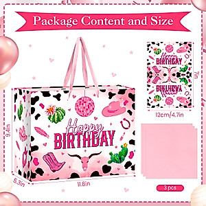 Pink Cowgirl Birthday Gift Bag, Large Western Happy Birthday Wrapping Paper Bags Decorations with Handles Greeting Card Tissue Paper Y2K Disco Wrap Bags for Party Favors Decor Girls Women Supplies