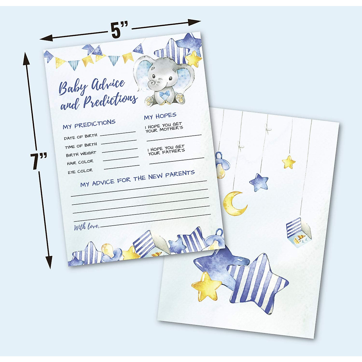 50 Deluxe Blue Elephant Advice and Prediction Cards- Large Double Sided 5 x 7 Inch for Baby Boy Shower Game, New Parent Message Book, Mom & Dad to Be, Decorations Activities Supplies Invitations
