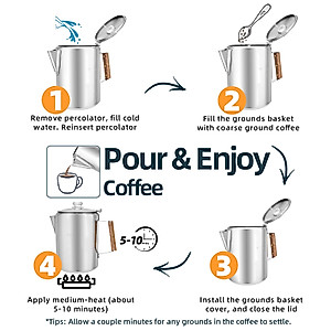 MEREZA Camping Coffee Pot Stovetop Coffee Maker Percolator Campfire Coffee Pot Stainless Steel Coffee Pot Camping Outdoors Home 9 Cup No Aluminum & Plastic Fast Brew