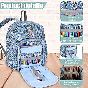 Hanfetch Yarn Storage Organizer Knitting Bag Backpack Large size with Grommets Portable Crochet Bag Yarn Keeper for Yarn Skeins， Crochet Hooks, Knitting Needles and Other Accessories (Flower-Blue)