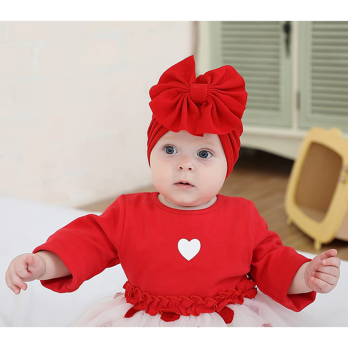 Cinaci 8 Pack Solid Knotted Bowknot Big Hair Bow Beanie Turban Hats Caps Wide Headwraps for Baby Girls Infants Toddlers Little Kids