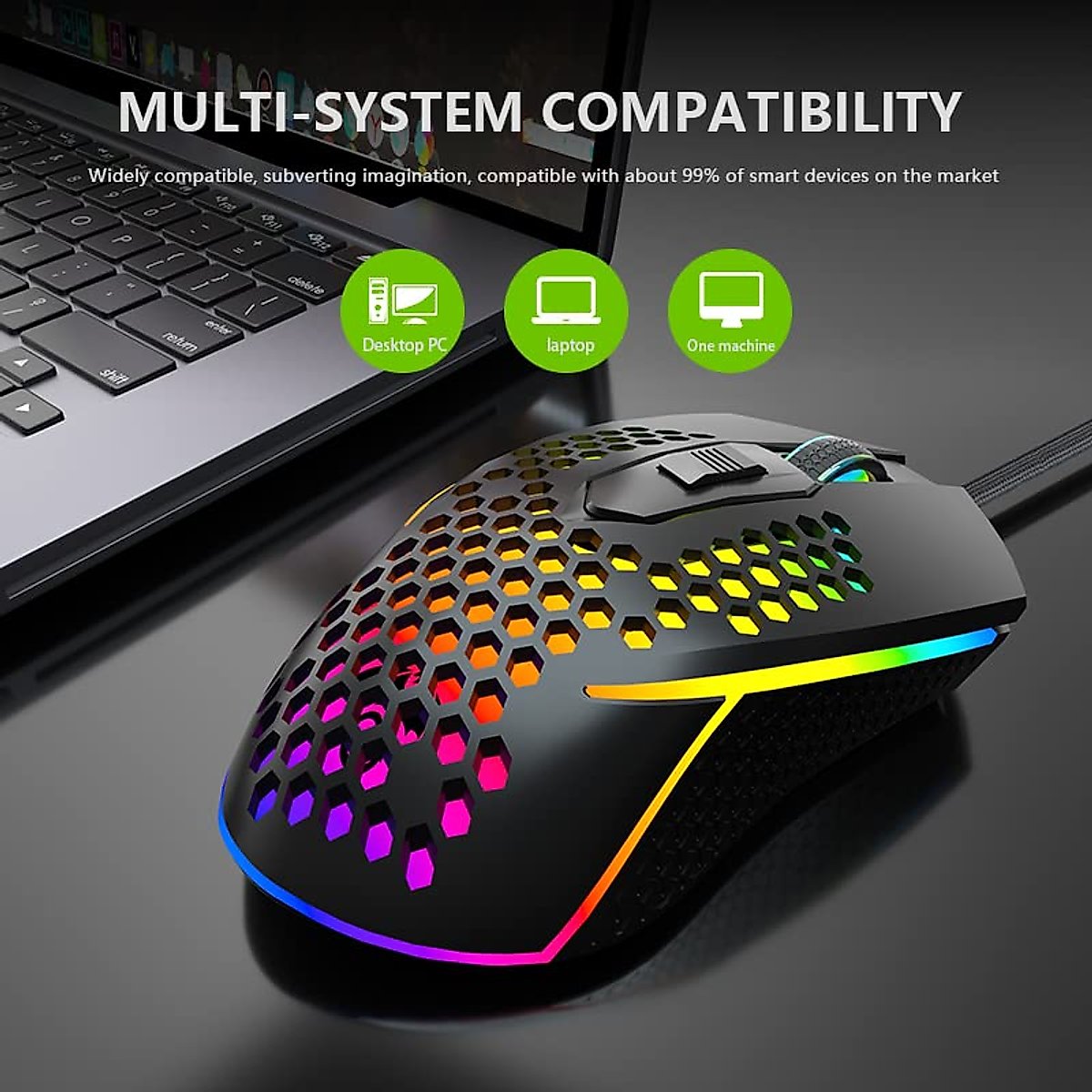 YOUCYYNB Circle Pit S50 RGB Gaming Mouse with Lightweight Honeycomb Shell, Adjusted 6400DPI, 6 Programmable Buttons (White)