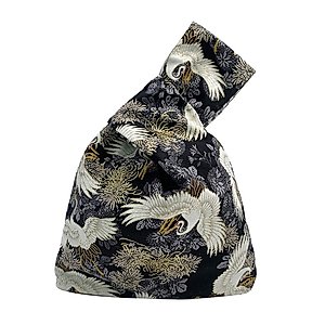 BAR Stylish Cotton Japanese Pattern Wrist Bag Sleeve Knot Pouch Portable Canvas Tote Purse for Female, Women (Black Grus Japonensis)