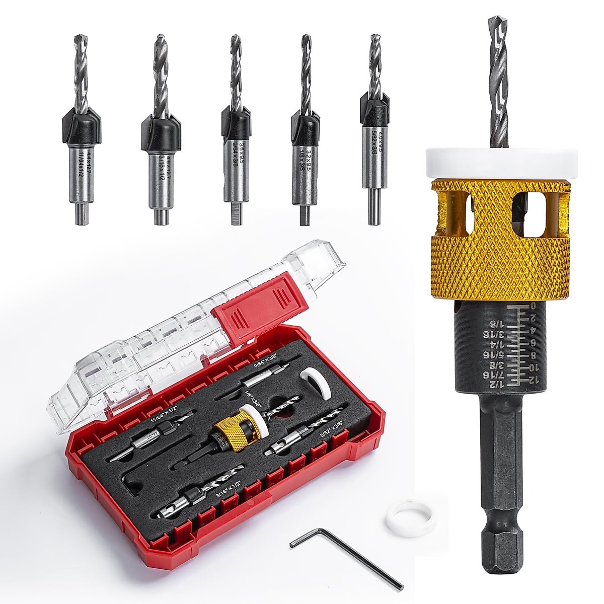 5 Pcs Countersink Drill Bit Set with Low Friction Depth Stop, HSS M2 Bits Tapered Head 1/8" 9/64" 5/32" Drill+3/8” 82° Counter-Bore,11/64" 3/16" Drill+ 1/2" 82° Counter Bore,1/4” Hex Shank(Yellow)