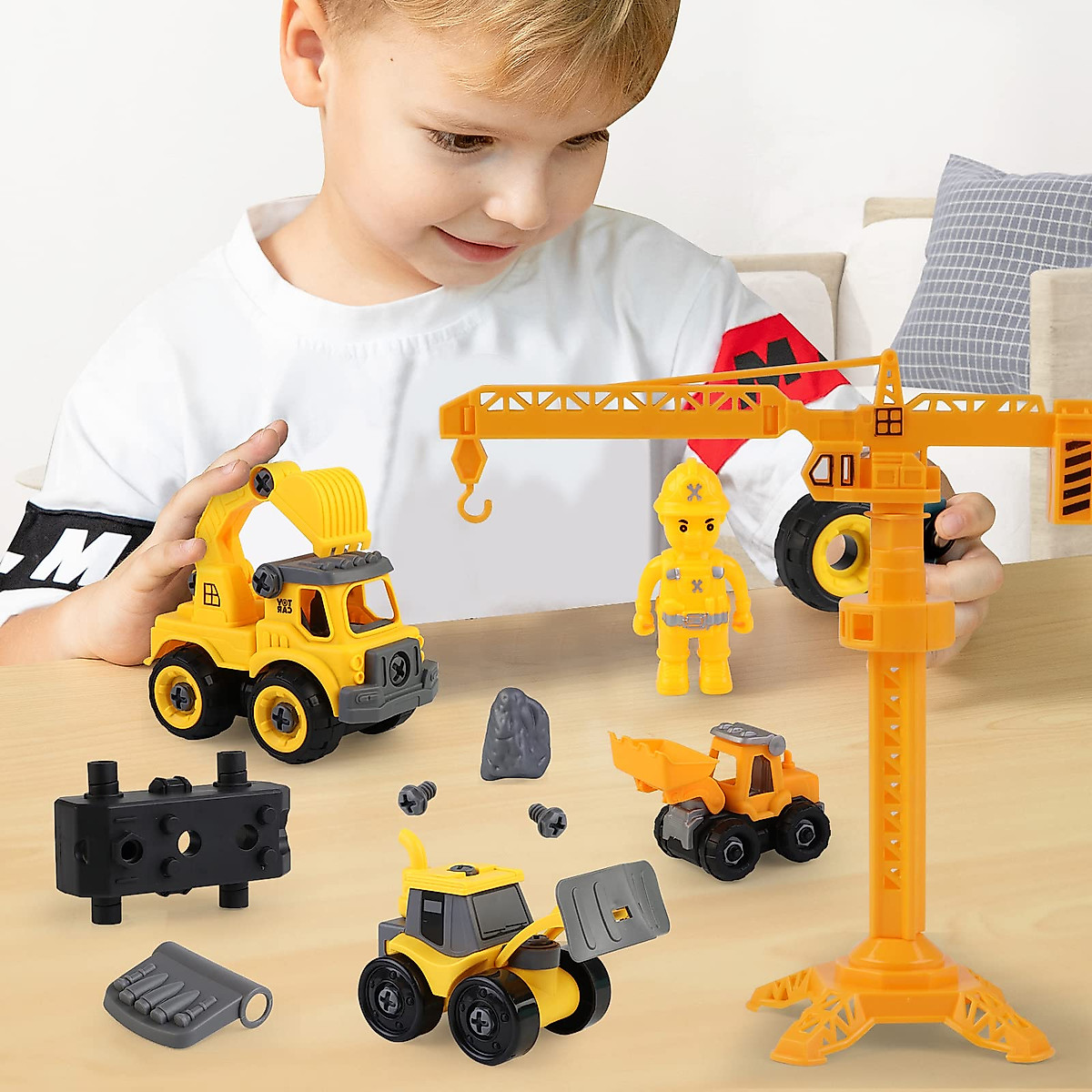 NETNEW Take Apart Construction Trucks Toys for 3 4 5 6 Year Old Boys with Electric Drill and Map Kids Stem Building Toy
