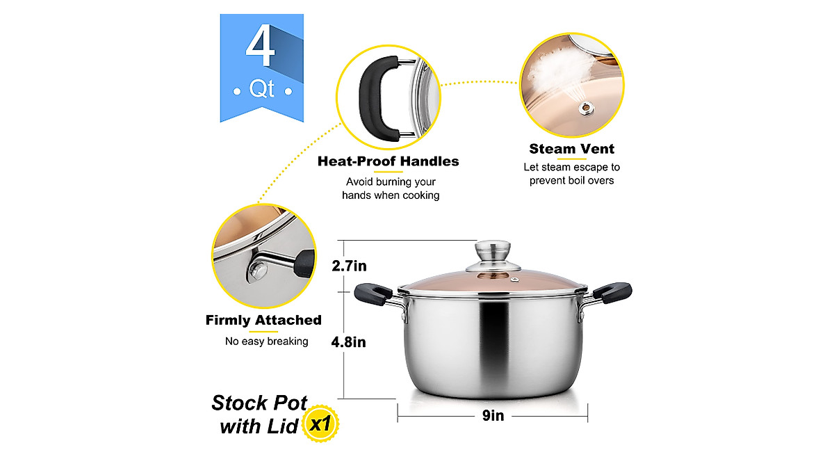 E-far 4 Quart Stainless Steel Stock Pot - Durable & Safe