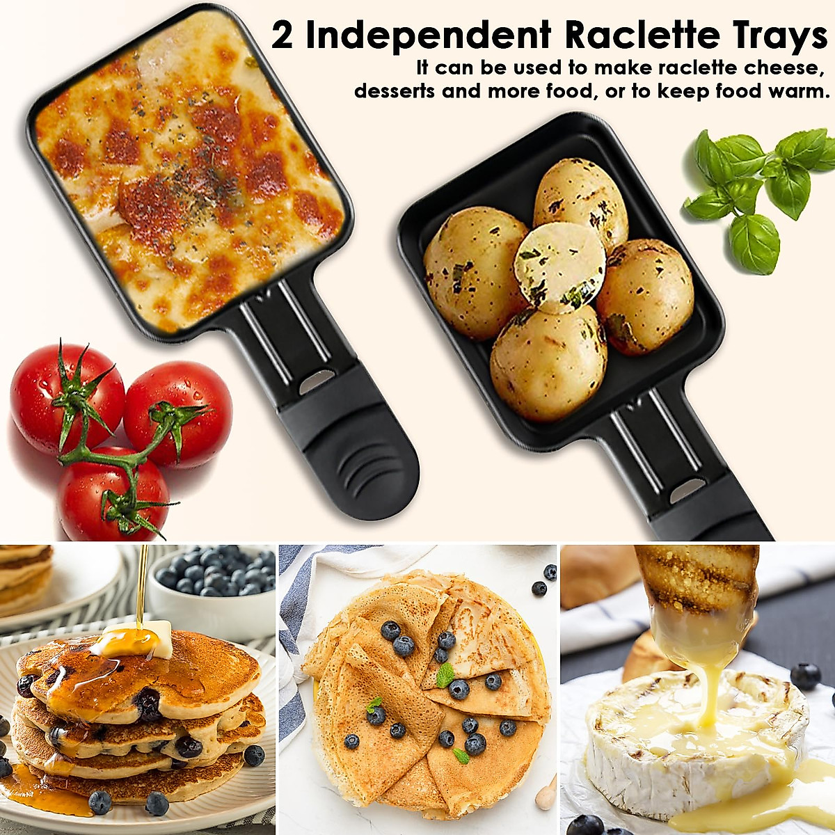 Raclette Grill, Korean BBQ Grill Electric Grill Indoor, 2 in 1 Electric Griddle Nonstick with 2 Raclette Cheese Pans, Smokeless Indoor Grill Temperature Control Ideal for Family and Party Fun